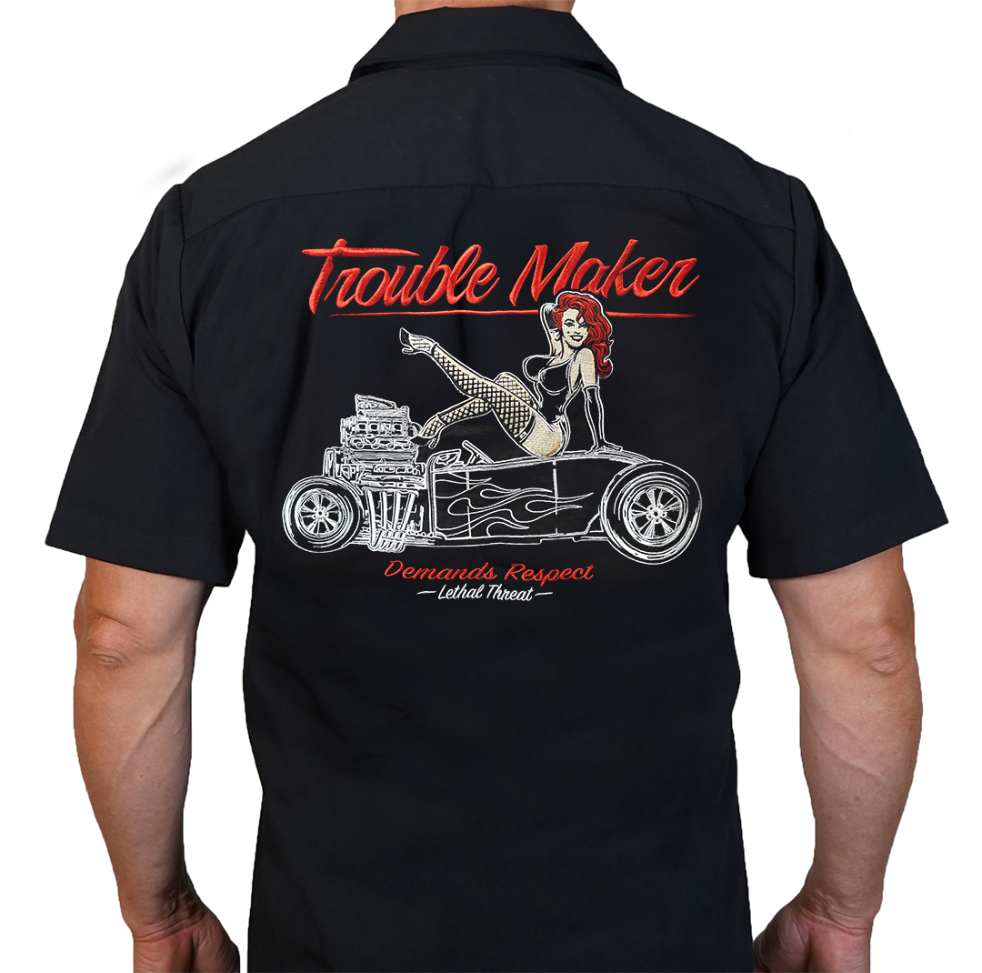 Trouble Maker Hot Rod Pin Up Girl Embroidered Work Shirt / Shop Shirt ...
