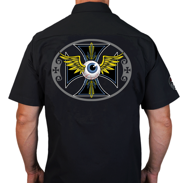 Pinstripe Winged Eyeball Embroidered Work Shirt – Lethal Threat | Heav