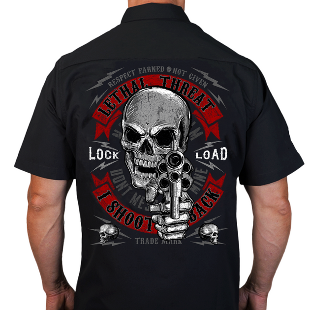 I Shoot Back Skull Screen Printed Work Shirt / Shop Shirt – Lethal Threat