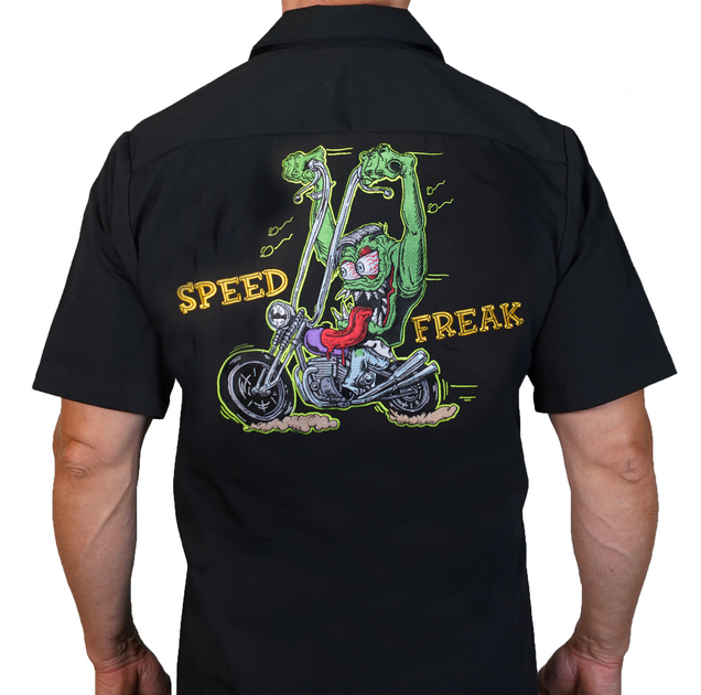 Speed Freak Motorcycle Monster Embroidered Work Shirt / Shop Shirt ...